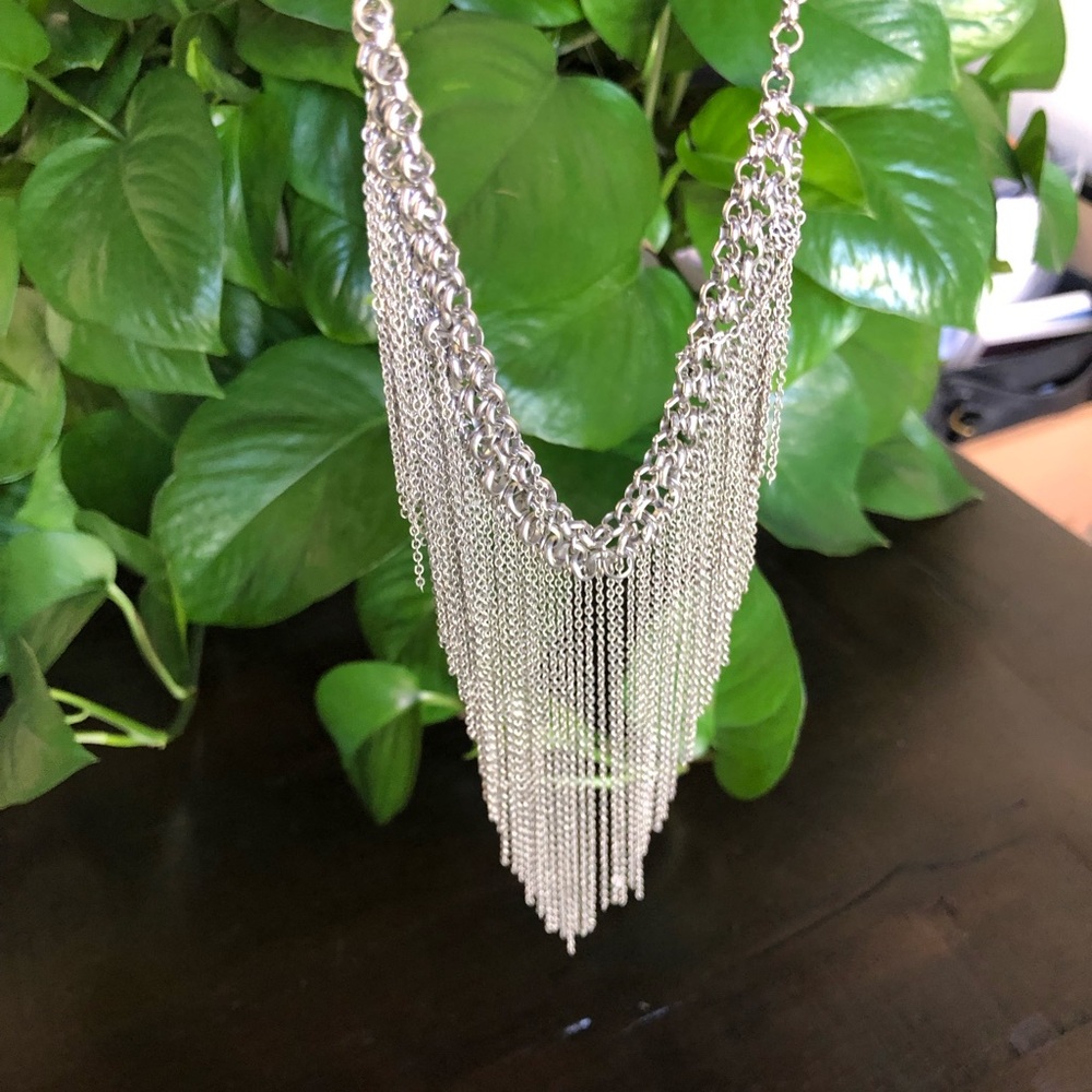 Silver Chain Waterfall Statement Necklace - Gem